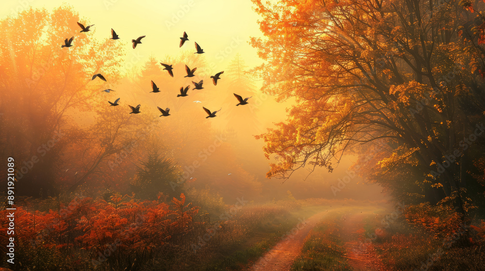 Migrating birds fly over an idyllic autumn golden hour landscape mist ...