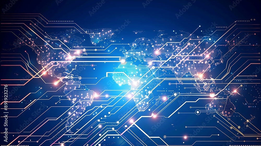 Illuminated digital world map with circuit board paths and data streams ...