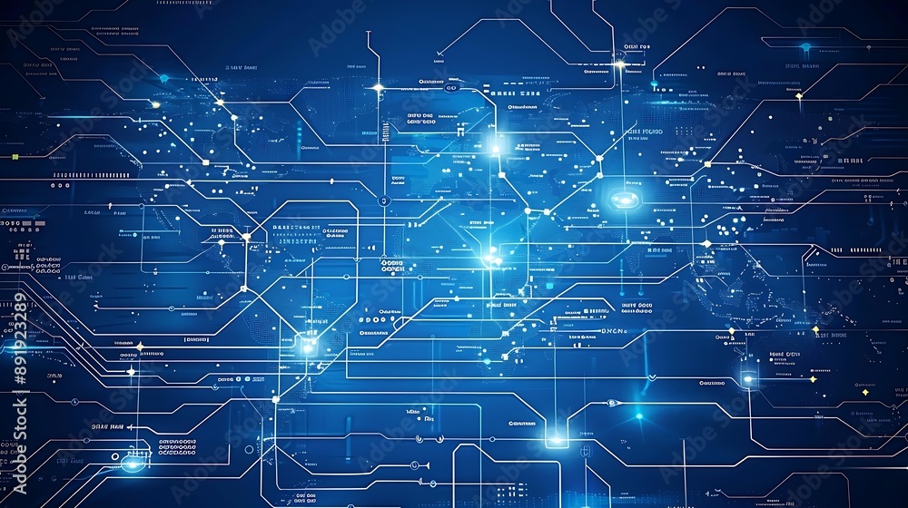 Illuminated digital world map with circuit board paths and data streams ...