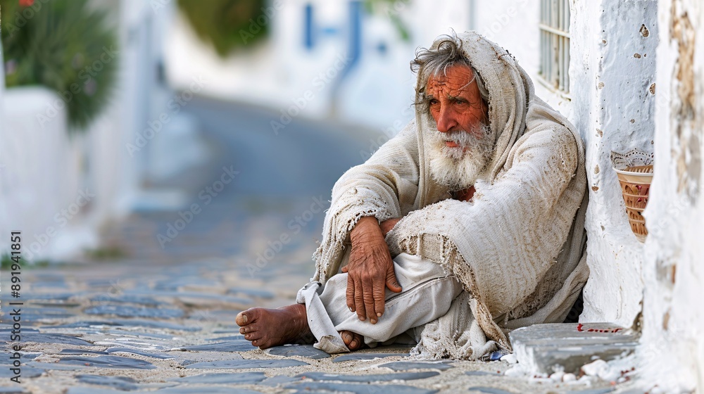 Elderly European individual with old torn clothes sitting on the ground ...