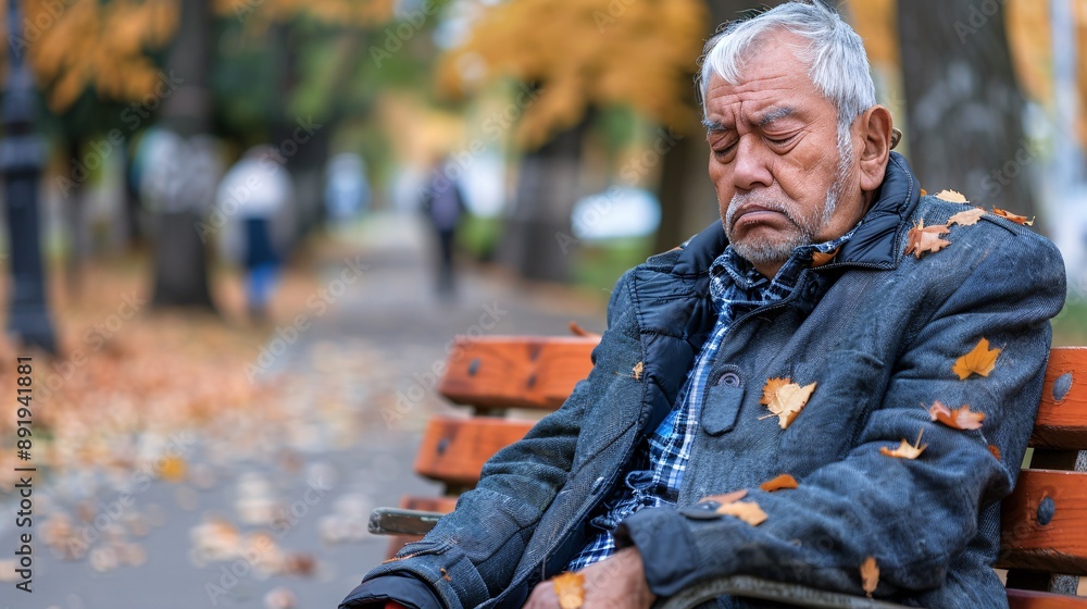 Starving elderly Asian individual with tattered garments sitting on a ...