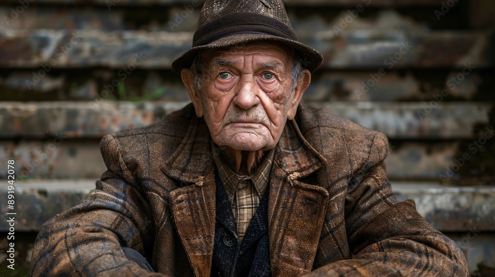 Elderly European person in old tattered clothes sitting on the steps of ...