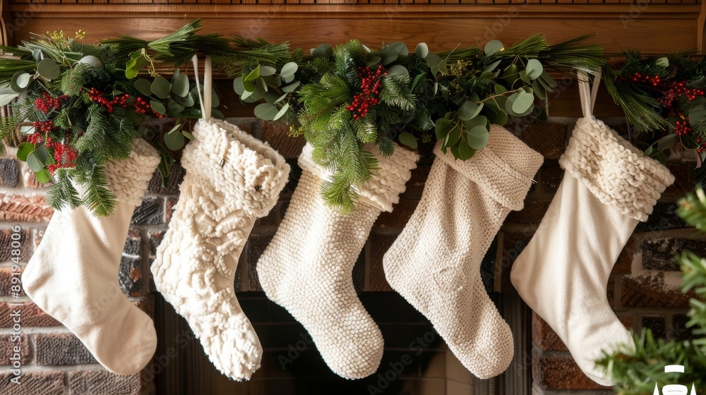 holiday stocking decor, white stockings filled with greenery and ...