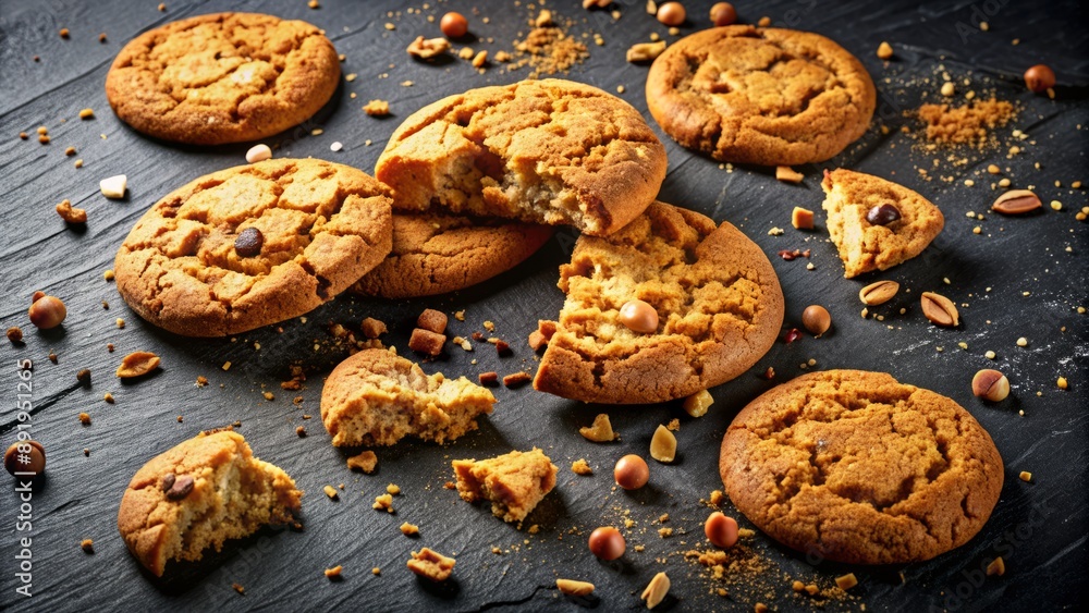 Scattered remnants of crumbly, chewy, golden-brown cookies lay broken ...