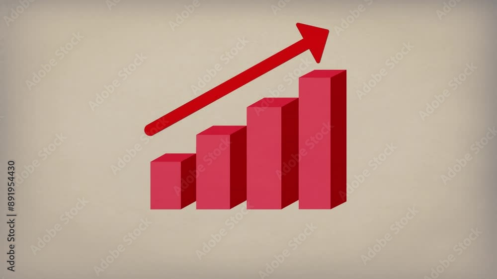 Red minimalist bar graph with an upward trend line on a white ...