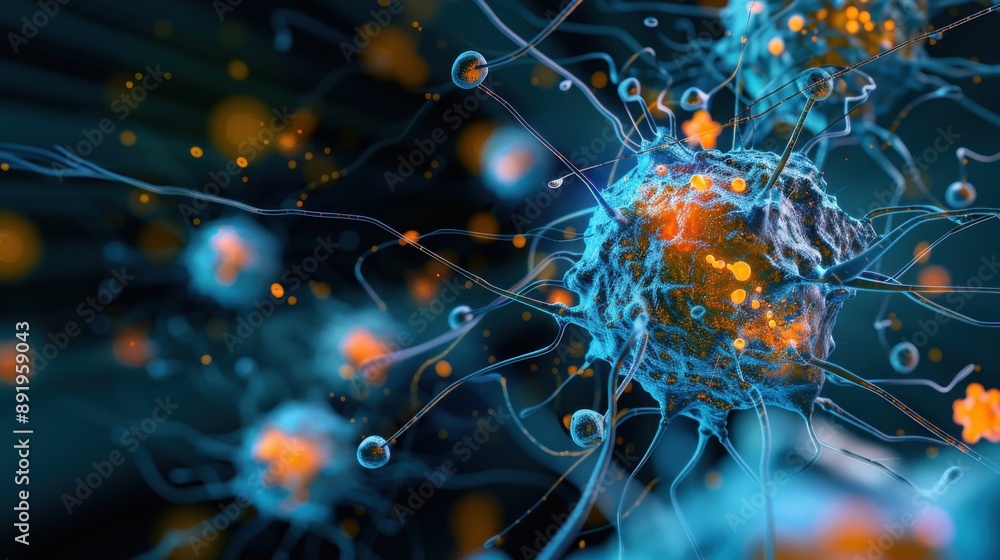 High-resolution image of a T cell-like cell with dynamic yellow and ...