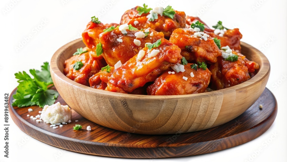 Fiery orange buffalo wings tossed in spicy sauce and blue cheese ...
