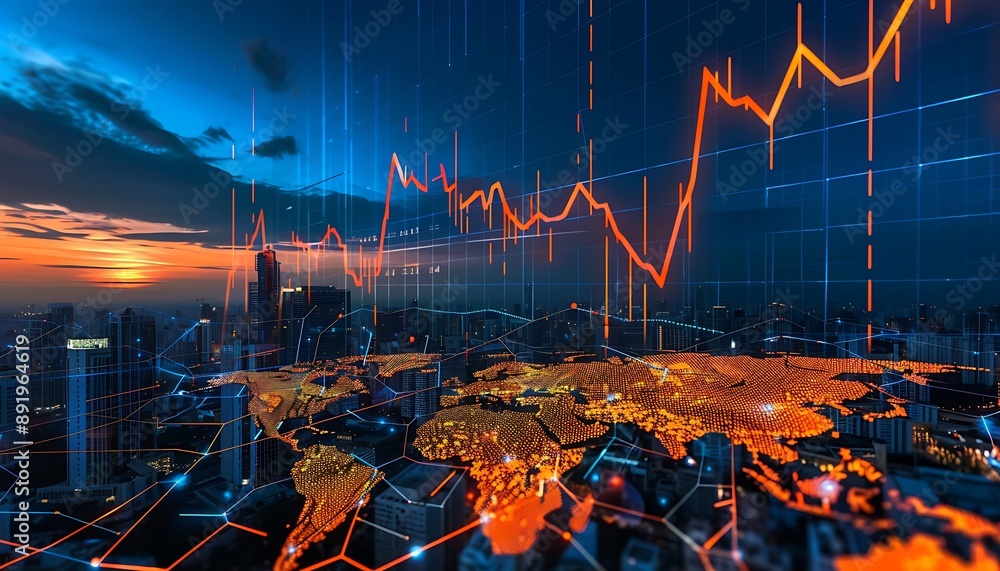 Stock market charts overlaid on cityscape, sunset dark blue sky, orange ...