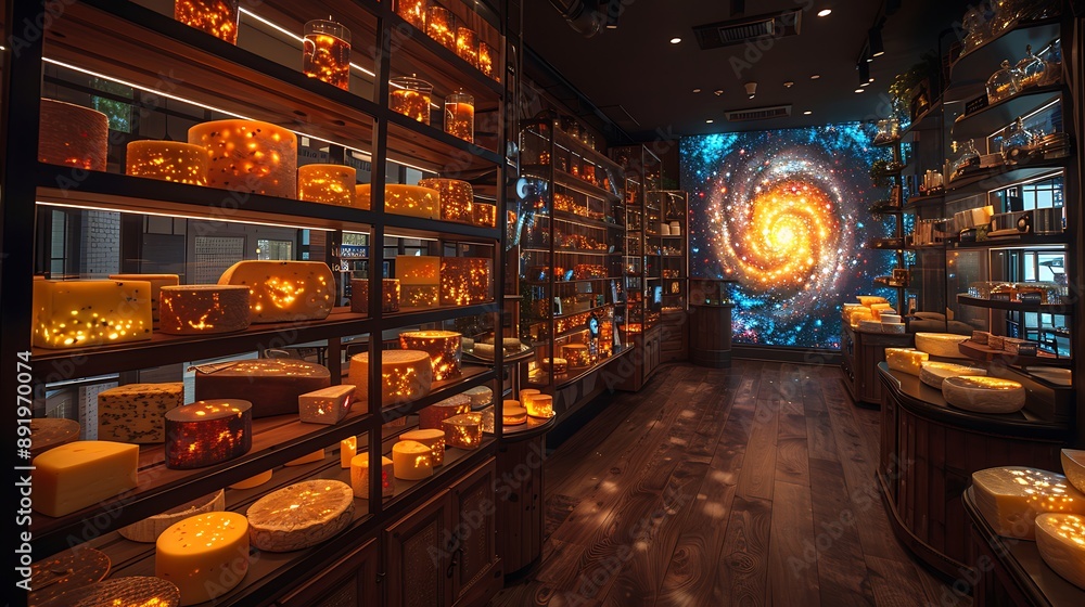An avant-garde cheese shop with shifting holographic cheese displays ...