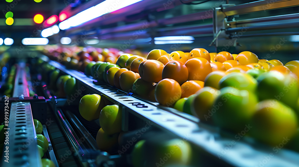 High-tech fruit and vegetable sorting facility with conveyor belts and ...