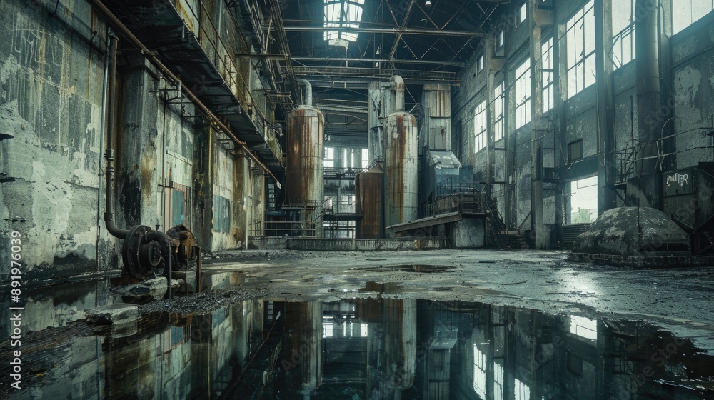 Interior of old factory ruin with antique filter deserted hall rusty ...