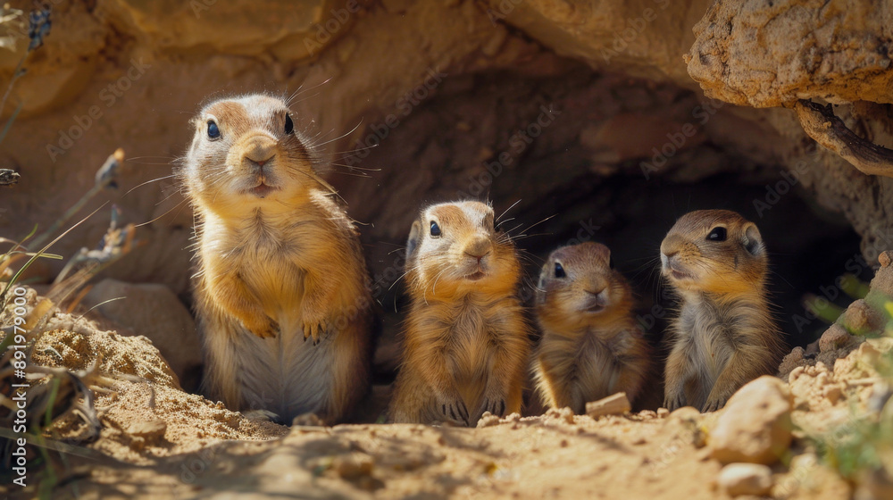 Black-tailed prairie dog family in their burrow, adorable and curious ...