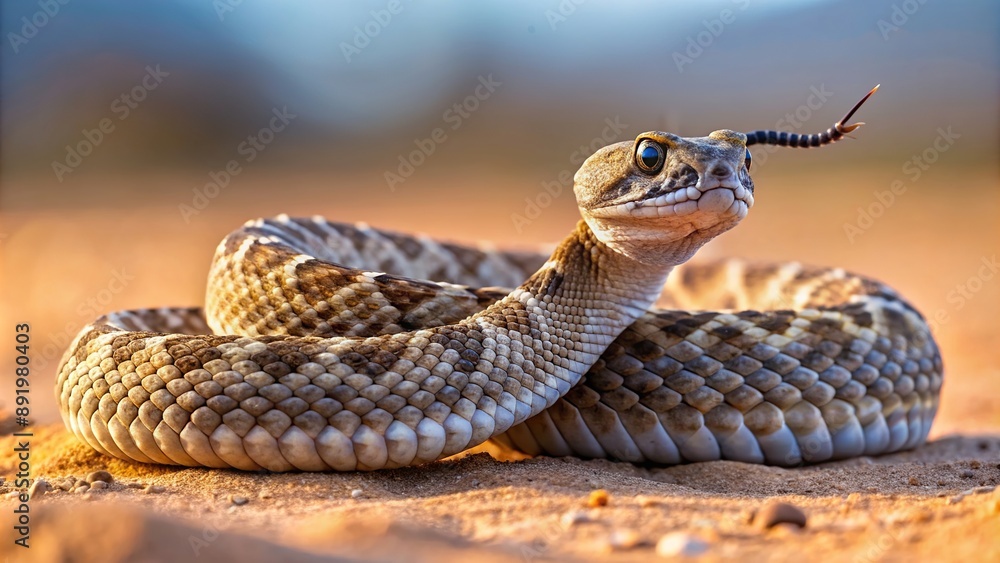 Deadly Western diamondback rattlesnake in striking position on desert ...