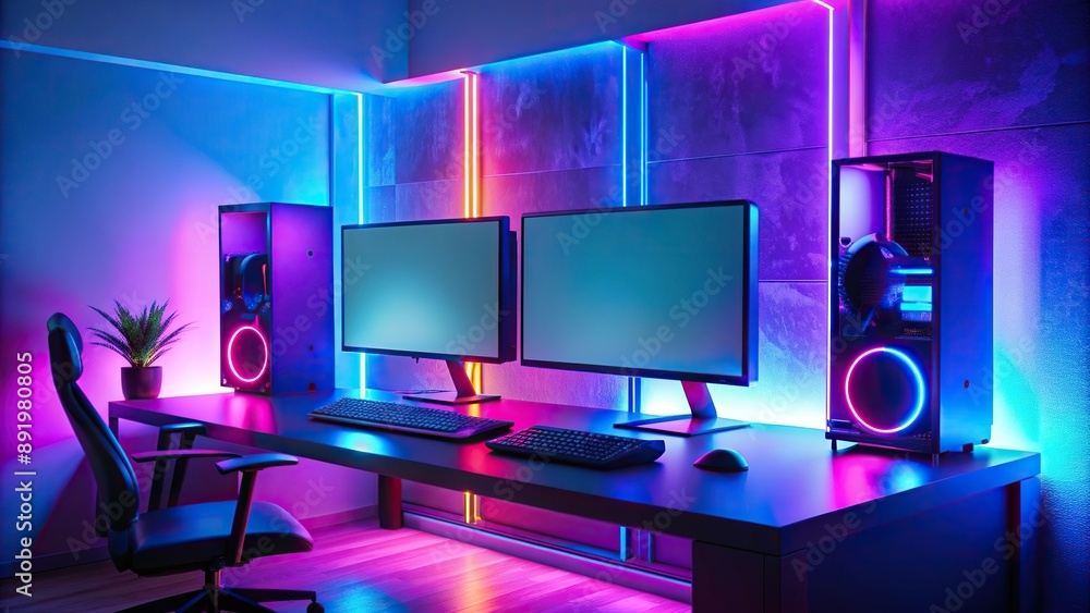 Gaming desktop pc setup with neon lights and multiple monitors, desktop ...