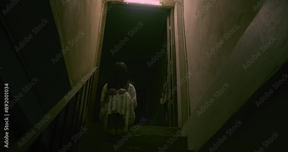 Horror scene of a mysterious Scary Asian ghost woman creepy have hair ...