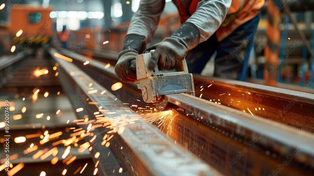 Skilled worker grinding steel beam with precision, focus on grinder and ...