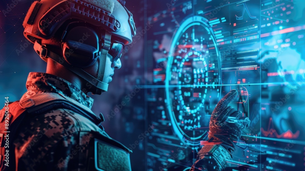 Side profile of a soldier working with AI technology for cyber security ...