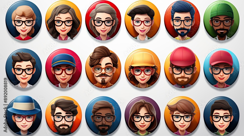 3d render, people avatar collection. Set of round stickers with cartoon ...