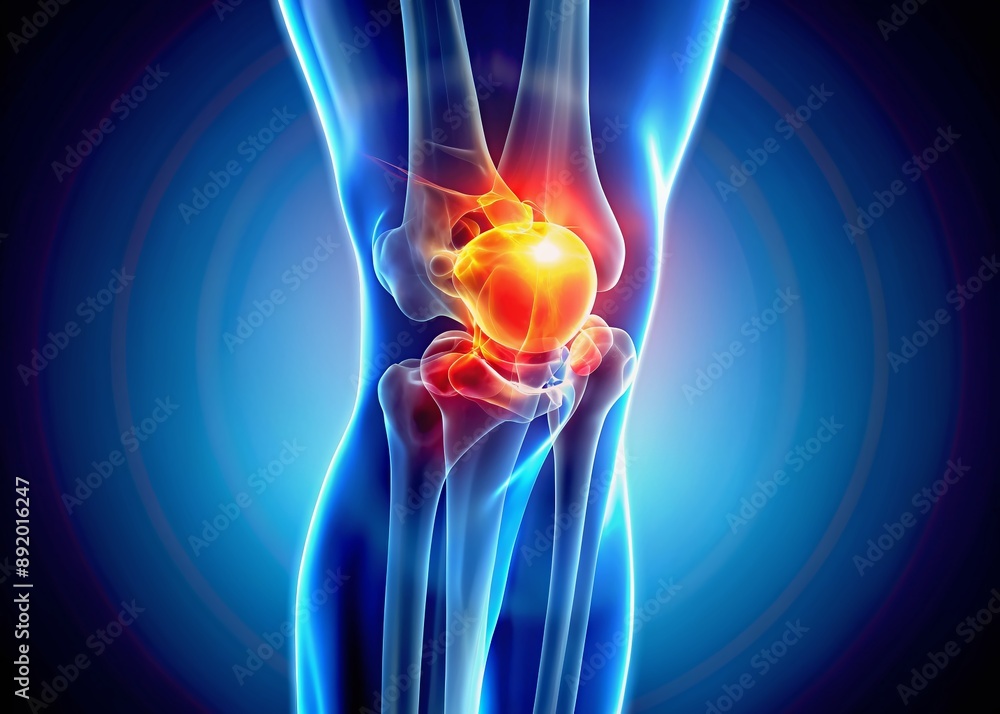 Vibrant 3D knee illustration exposing detailed anatomy, showcasing bone ...