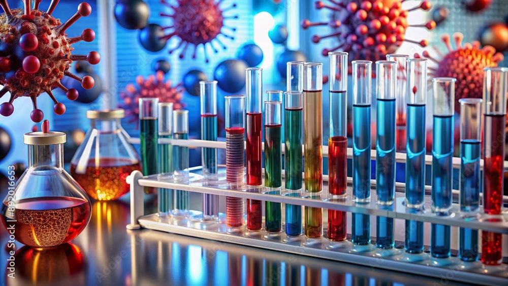 Colorful medical testing tubes and vials filled with blood cells and ...