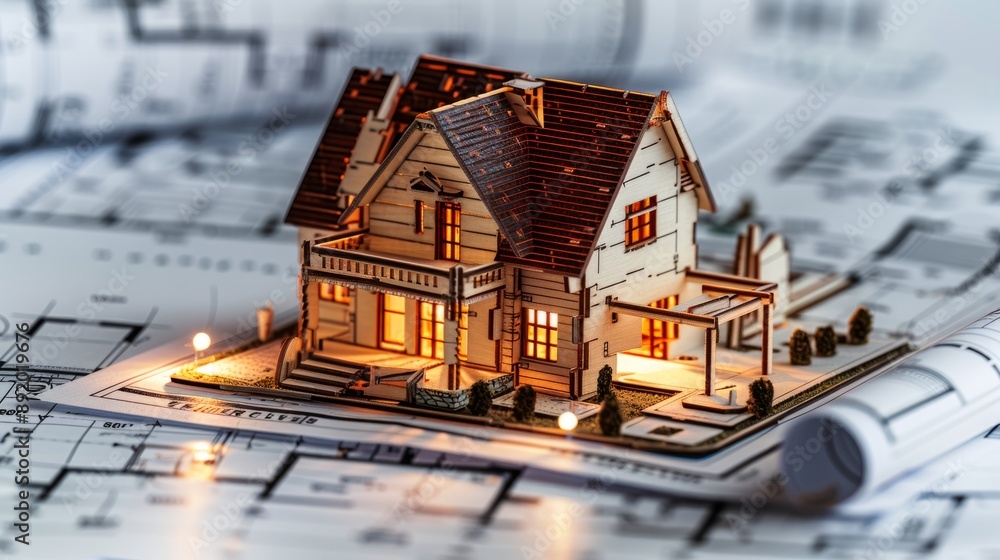 A detailed model house illuminated on architectural blueprints ...