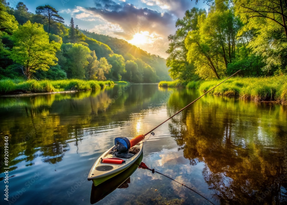 Serene river scenery with kayak fishing gear and a bent rod, line taut ...