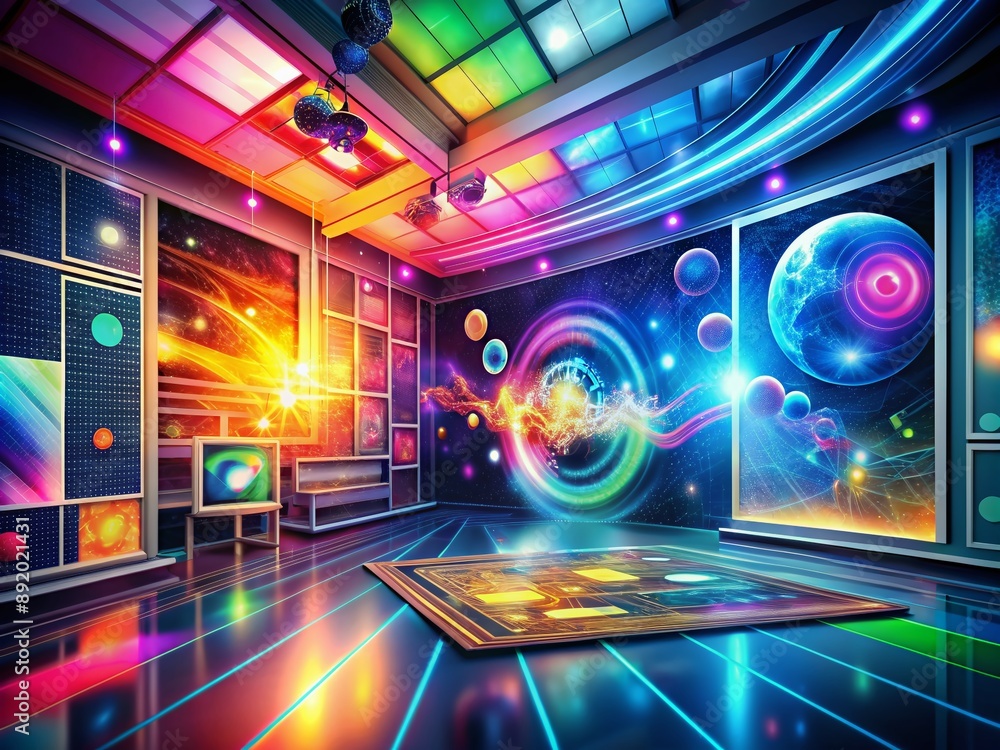 Vibrant studio background with colorful digital design elements ...
