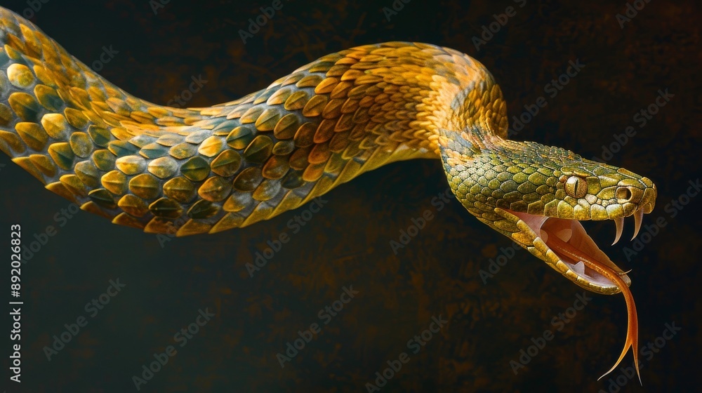 In a wide landscape format, depict a ball green snake in mid-leap, its ...