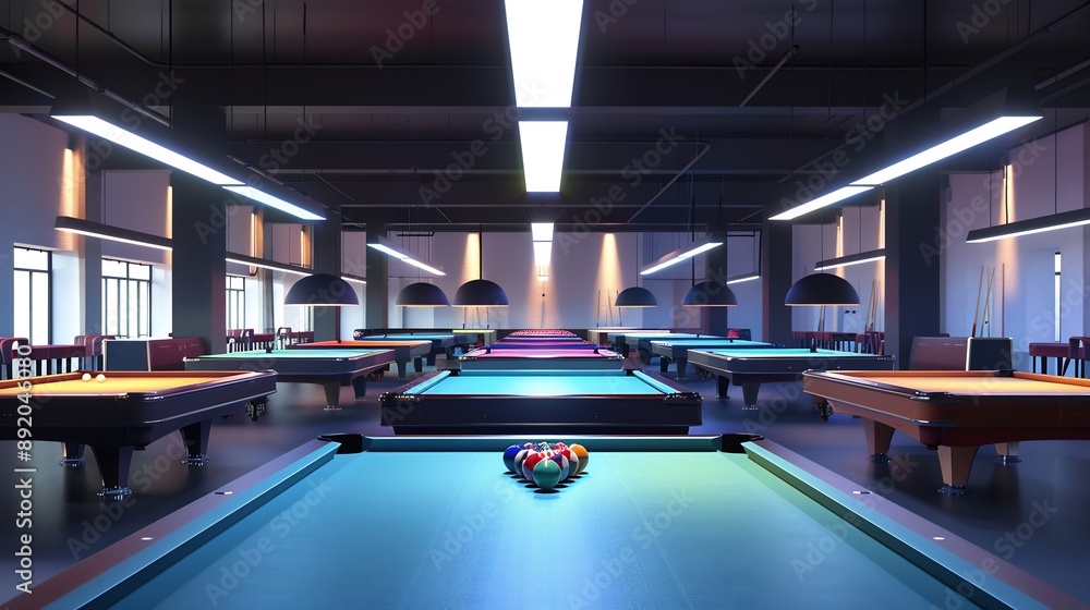 Atmospheric dark room with billiards and billiards table. Stock ...