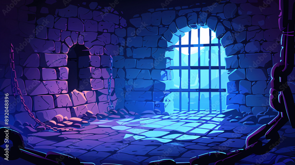 Flat cartoon-style illustration of a medieval castle dungeon, featuring ...