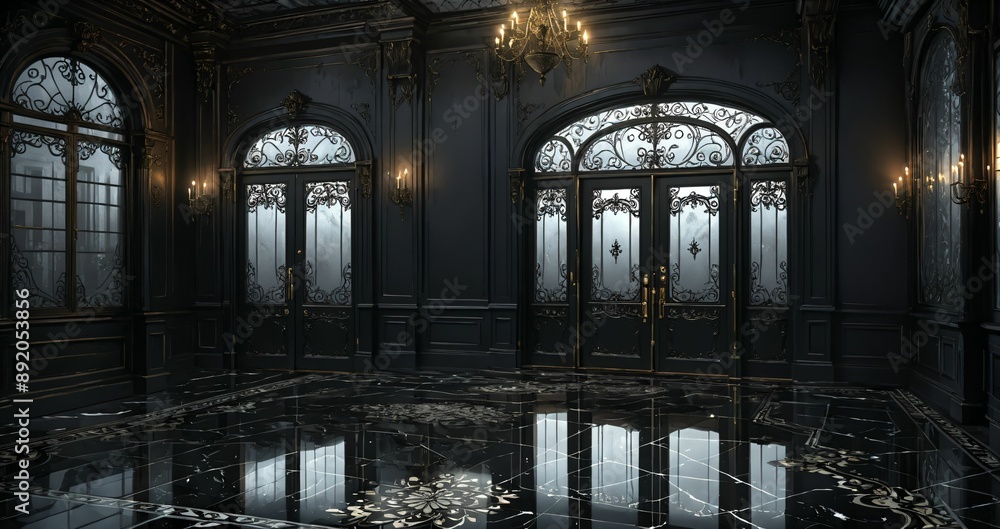 dark black door doorway entrance lobby of industrial gothic castle ...