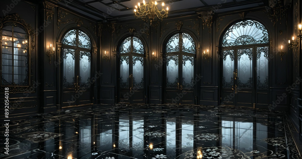 dark black door doorway entrance lobby of industrial gothic castle ...