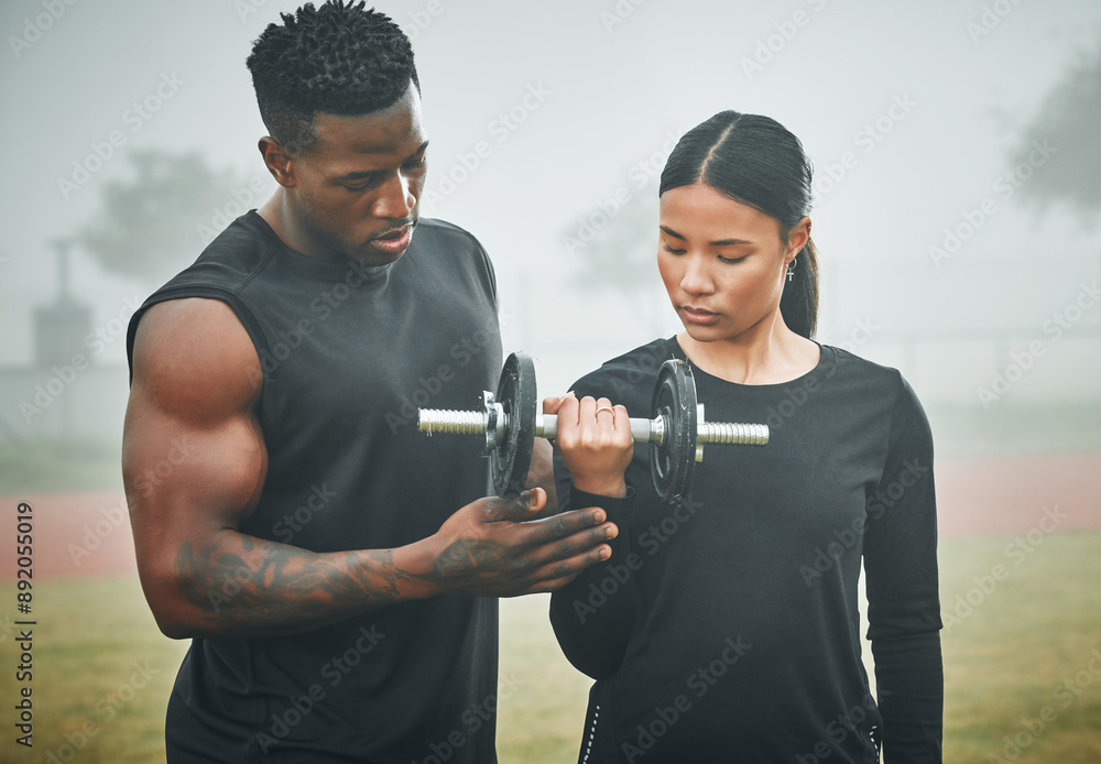 Fitness, weights and personal trainer with woman in nature for arm ...