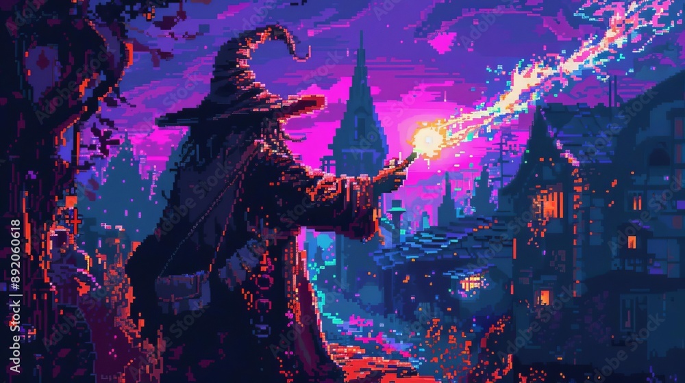 8bit wizard character, casting spells, pixel art style, vibrant colors ...