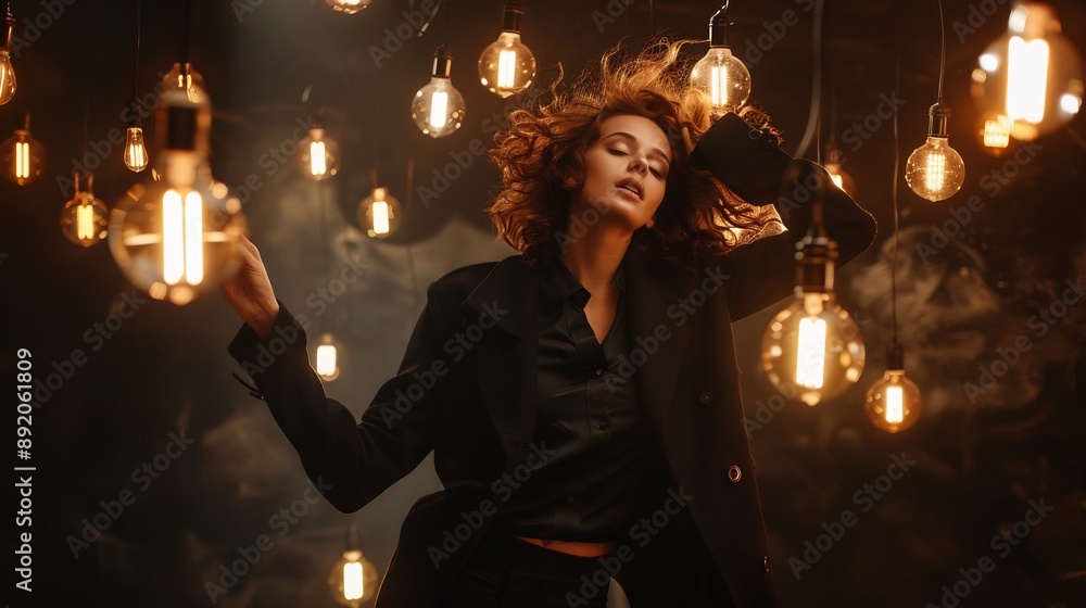 Beauty fashion glamor model girl with wavy hair wearing black suit and ...