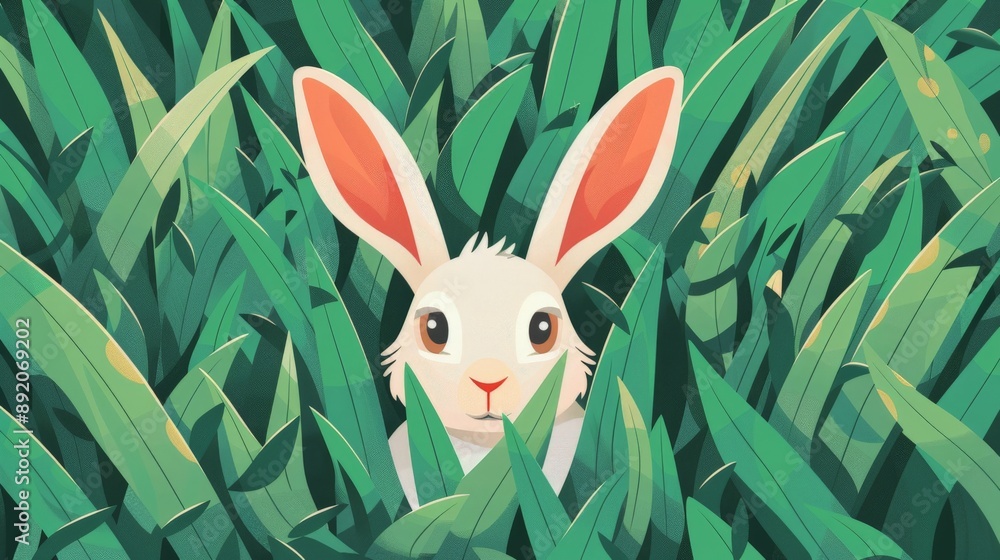 Concept of a rabbit hiding in grass flat design top view cute ...