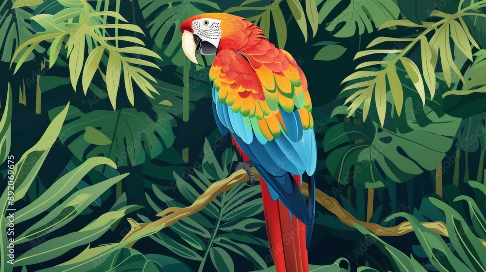 Rendering of a parrot in a tropical forest flat design front view ...