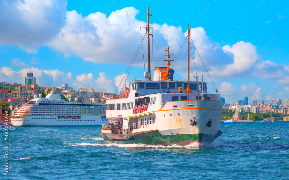 Cruise ship and ferry (steamboat) traffic in the Bosphorus - Sea voyage ...