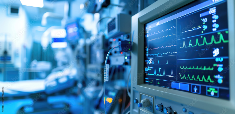 Medical monitoring equipment in an ICU with heart rate and vital signs ...