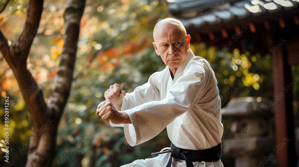 Elderly martial artist practicing karate in traditional attire in a ...