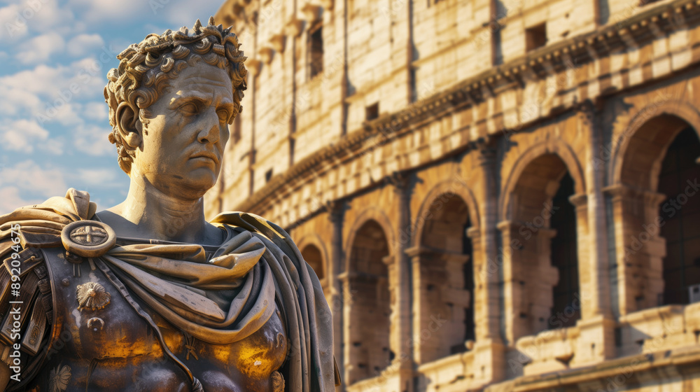 Julius Caesar statue with historical coliseum in the background under a ...