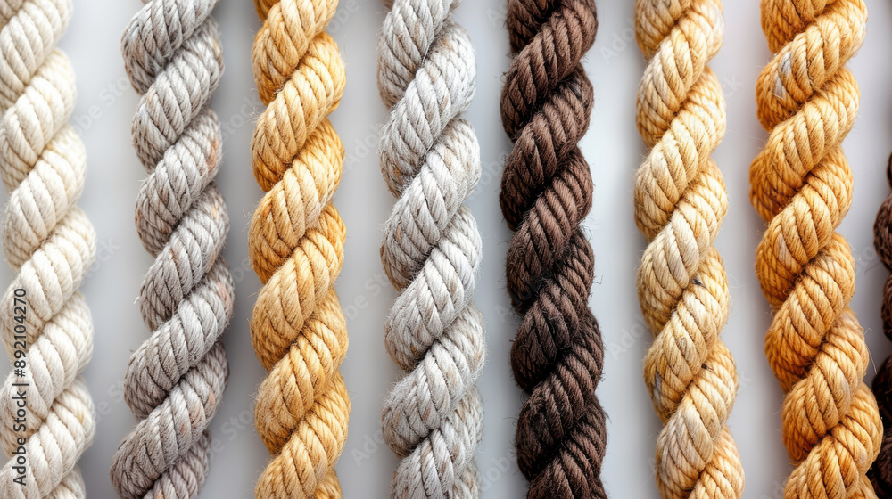 A row of ropes with different colors and textures. The ropes are ...