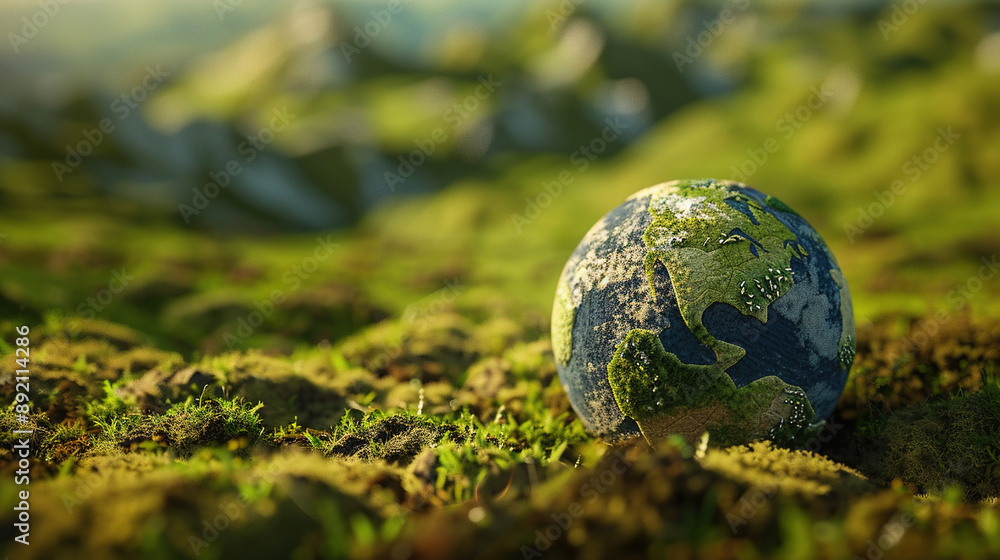 Miniature rendering of the Earth set against a natural blurry hills ...