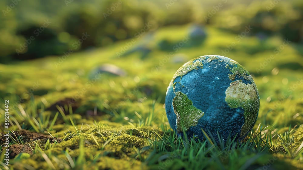 Miniature rendering of the Earth set against a natural blurry hills ...