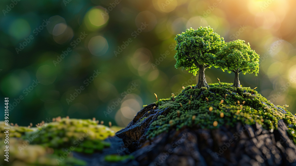 Miniature rendering of a tree set against a natural blurry hills ...