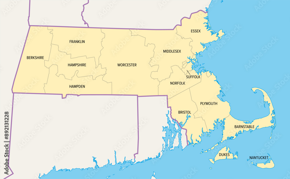 Massachusetts counties, political map. Commonwealth of Massachusetts, a ...