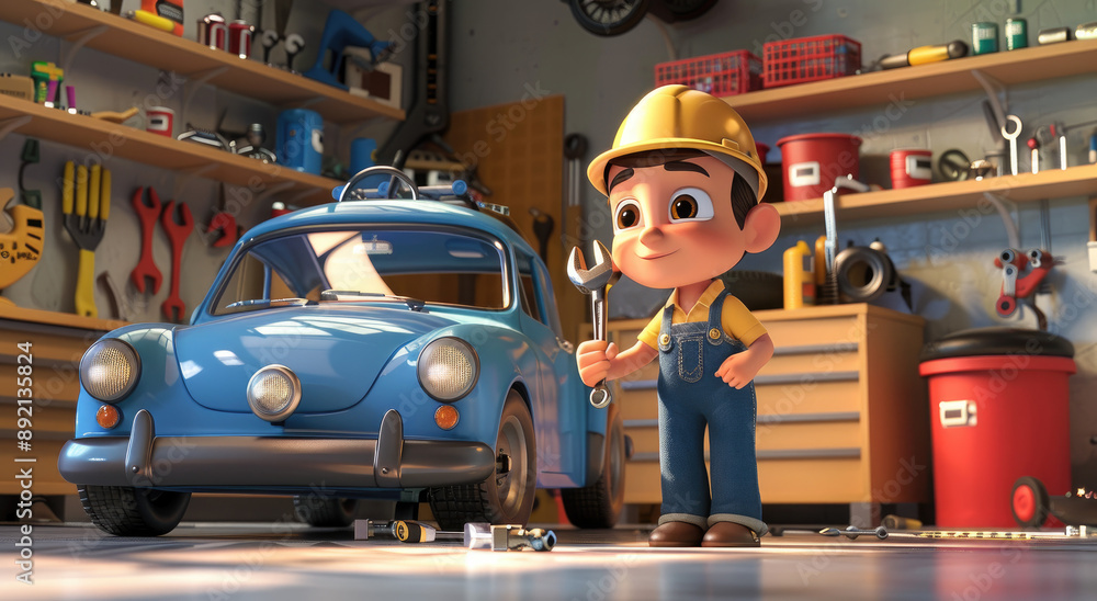 A cute cartoon character in overalls and a hard hat holding a wrench ...