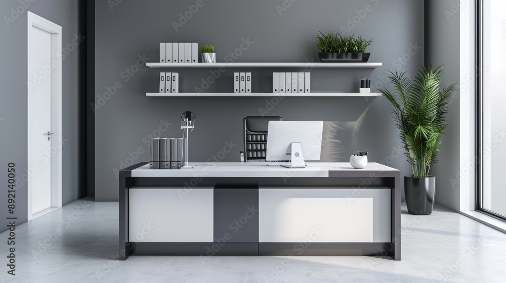 Contemporary office desk with drawers and shelves. Modern design with ...