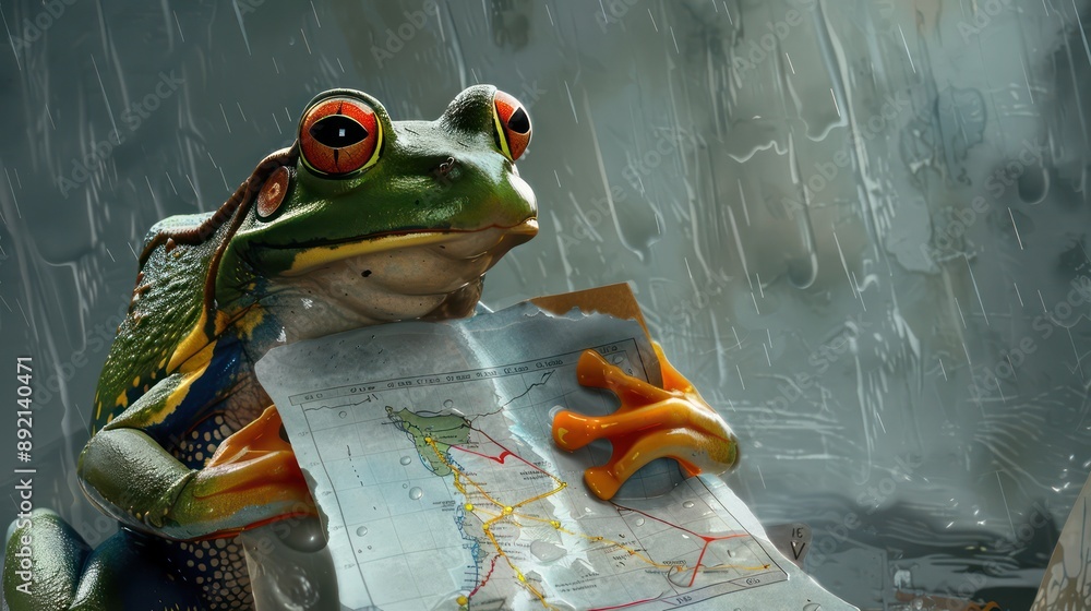frog as a meteorologist, with a weather map against a stormy gray ...