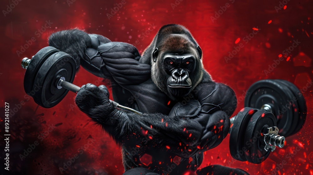 gorilla as a gym trainer, lifting weights against a muscle red backdrop ...